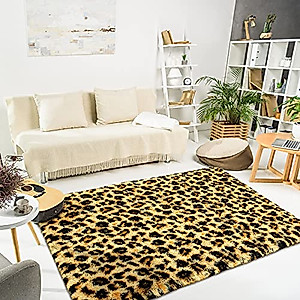 ECOBER Premium Fluffy Leopard Print Rug, Shaggy Leopard Rugs for Bedroom Living Room Kids Western Home, Soft Decorative Animal Printed Carpet, 4x6 Feet Khaki Black