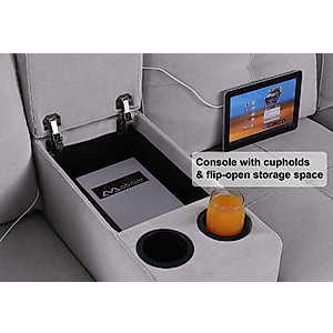 Generic Loveseat Sofa with Storage Ottoman & Console Cupholders, 2 Seater Modular Couch with Charging Station Modern Velvet Small Sectional Couch for Aparment,Home Office, Light Grey, F8001LIST