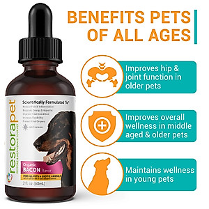 RestoraPet 4-Pack Dog & Cat Bacon Liquid Multivitamin | Dog Arthritis Pain Relief | Hip & Joint Vitamins for Dogs - Anti Inflammatory Supplement for Dogs & Cats | Organic & Non-GMO, Vet Approved
