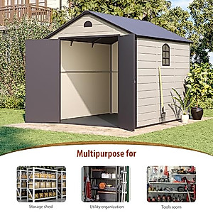 Oakville Furniture Storage shed 8x9.2 ft, Resin Garden Storage, Patio Storage Sheds Outdoor with Floor Waterproof, Outdoor Sheds Garden Tools Bike Shed, Garden Sheds & Outdoor Storage, Brown