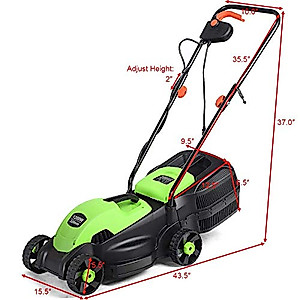 UIIAIOUIAIO Electric Lawn Mower, 14 Inch 12 Amp with Grass Bag and Height Adjustment for Green Lawns. Foldable Handle and Push Corded Design(Green)