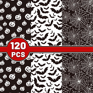 Whaline 90 Sheet Halloween Tissue Paper Black White Wrap Tissue Paper with Cobweb Bat Ghost Pumpkin Pattern Autumn Gift Wrapping Paper for Fall Halloween Party Gift Packing DIY Craft, 13.8 x 19.7In