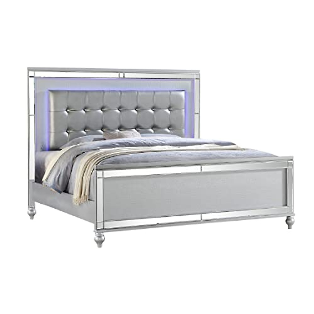 Epinki Queen Size Upholstered Led Bed Made with Wood in Silver Color, Bed Frame, Easy Assembly