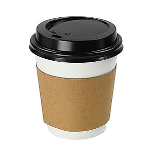 NYHI 100 Pack 10 oz White Paper Disposable Coffee Cups with Black Lids and Sleeves Hot Cold Beverage Drinking Cup for Water Juice Espresso Tea Ideal for Water Coolers Party
