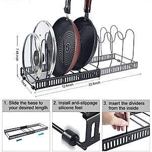 Pots and Pans Organizer Expandable Pan Organizer Pot and Pan Organizer for Cabinet Pot Lid Organizer with 10 Adjustable Dividers Pan Organizer Rack for Cabinet Countertop Cupboard Storage (Black)