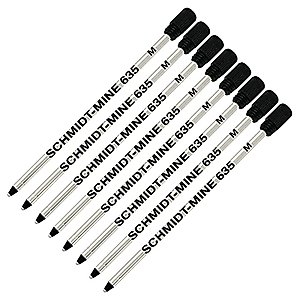 Lanier Combo Pack - 8 Genuine Schmidt 635M ISO 12757-2D, D1 Ballpoint Pen Refills, Compatible With Swarovksi Crystalline Pens, 8 Plastic Tops Included (Black)