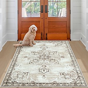 4x6 Rug Washable Rugs: Boho Vintage Medallion Rug Soft Indoor Soft Non Slip Ultra Thin Non-Shedding Carpet for Bedroom Dorm Nursery Home Office (Beige, 4' x 6')