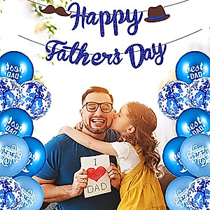 Father's Day Decorations Blue Glitter Happy Father's Day Banner Cake Topper Blue Father's Day Balloons Photo Booth Backdrop Bunting Banner Sign Decor