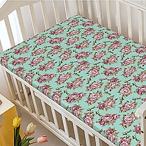 Peony Themed Fitted Mini Crib Sheets,Portable Mini Crib Sheets Toddler Bed Mattress Sheets-Great for Boy or Girl Room or Nursery,24“ x38“,Pale Seafoam Dried Rose Warm Taupe