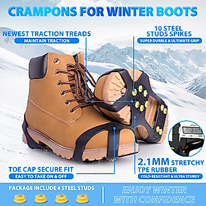 Sfee Ice Cleats for Boots Shoes, Snow Grips Cleats for Ice and Snow Anti-Slip Rubber Traction Cleats for Walking on Snow and Ice 10 Steel Studs Crampons for Hiking, Walking, Climbing, Jogging