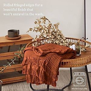 Simple&Opulence Cotton Muslin Throw Blanket for Bed, Couch, Knit Woven Gauze Blanket with Tassels, Soft Lightweight Cozy Pre-Washed Breathable Farmhouse Decoration for All-Season (Rust Orange)
