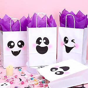 Whaline 24Pcs Halloween Ghost Paper Gift Bags with Handles and Purple Tissue Paper Trick or Treat Party Favor Bags Candy Goodie Treat Bags for Halloween Birthday Party Supplies