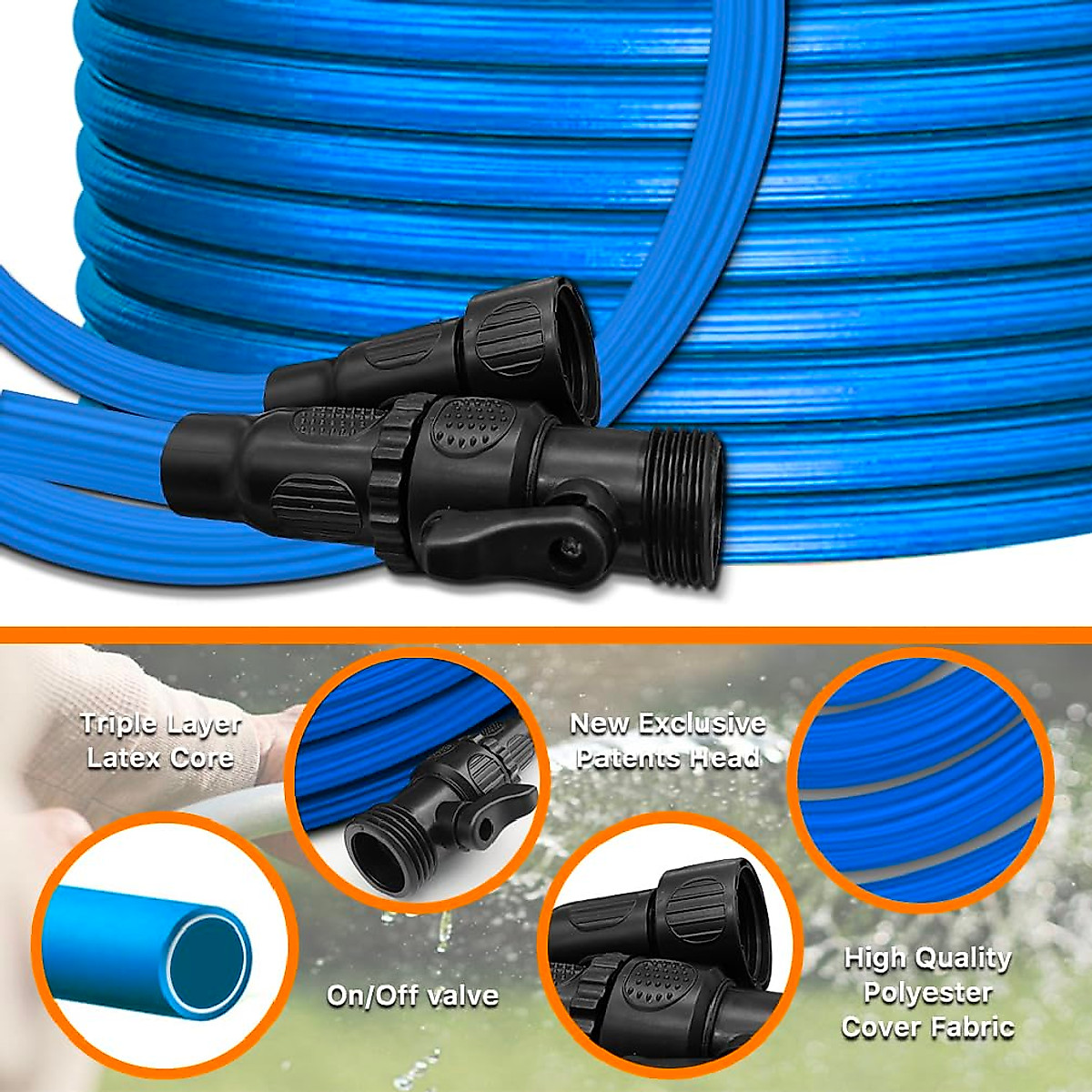 Ulelaxks 75FT Garden Hose, Water Hose, Elastic Garden Hose with 3/4" Fittings, Triple-layer Core, Garden Hose useful house gifts for Outdoor Lawn Car Watering Plants Blue