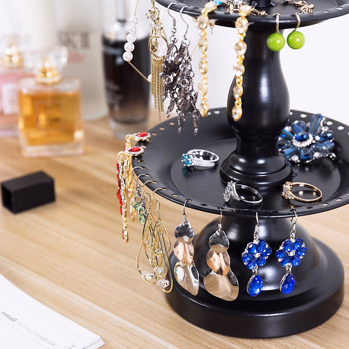 MyGift 2-Tier Black Metal Jewelry Organizer Stand, Fountain Design Hanging Earring Holder with 40 Holes and Ring Dish (Black-2-Tier)