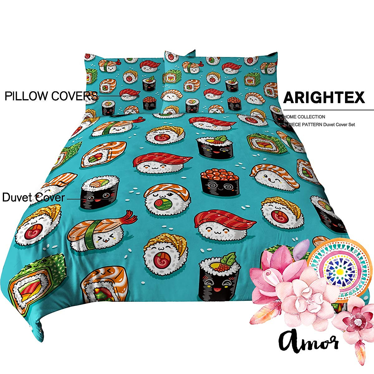 ARIGHTEX Sushi Duvet Cover Set, Blue, Kawaii Style Sushi Smiling Pattern, Decorative 3 Piece Bedding Sets with 2 Pillow Shams, Twin Size