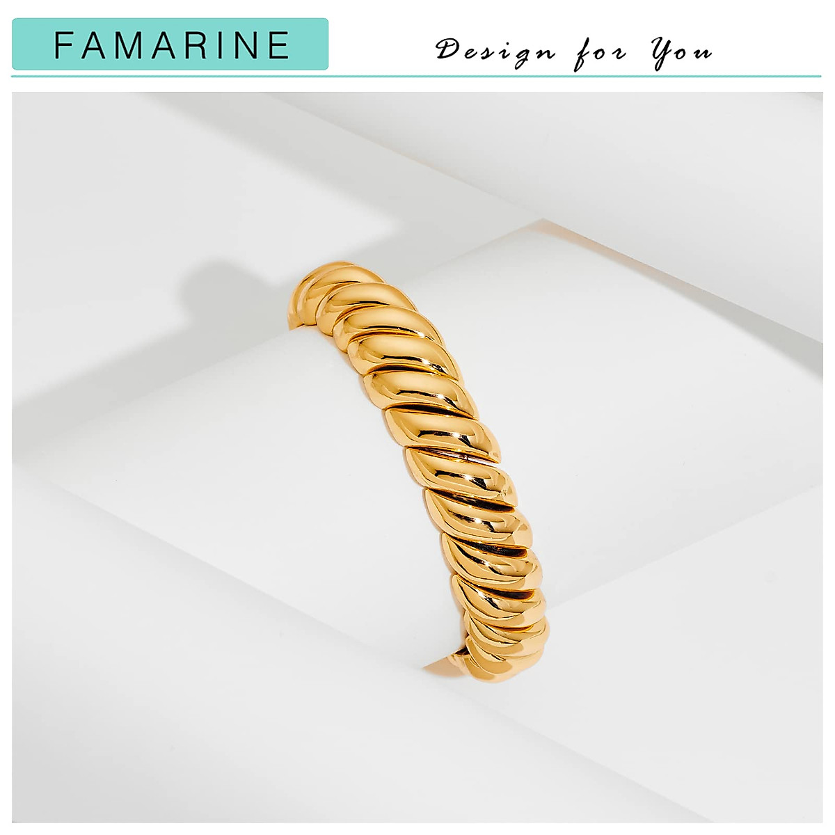 FAMARINE Gold Chunky Bangle Bracelet, Stretchable Elastic Bracelet for Women Men