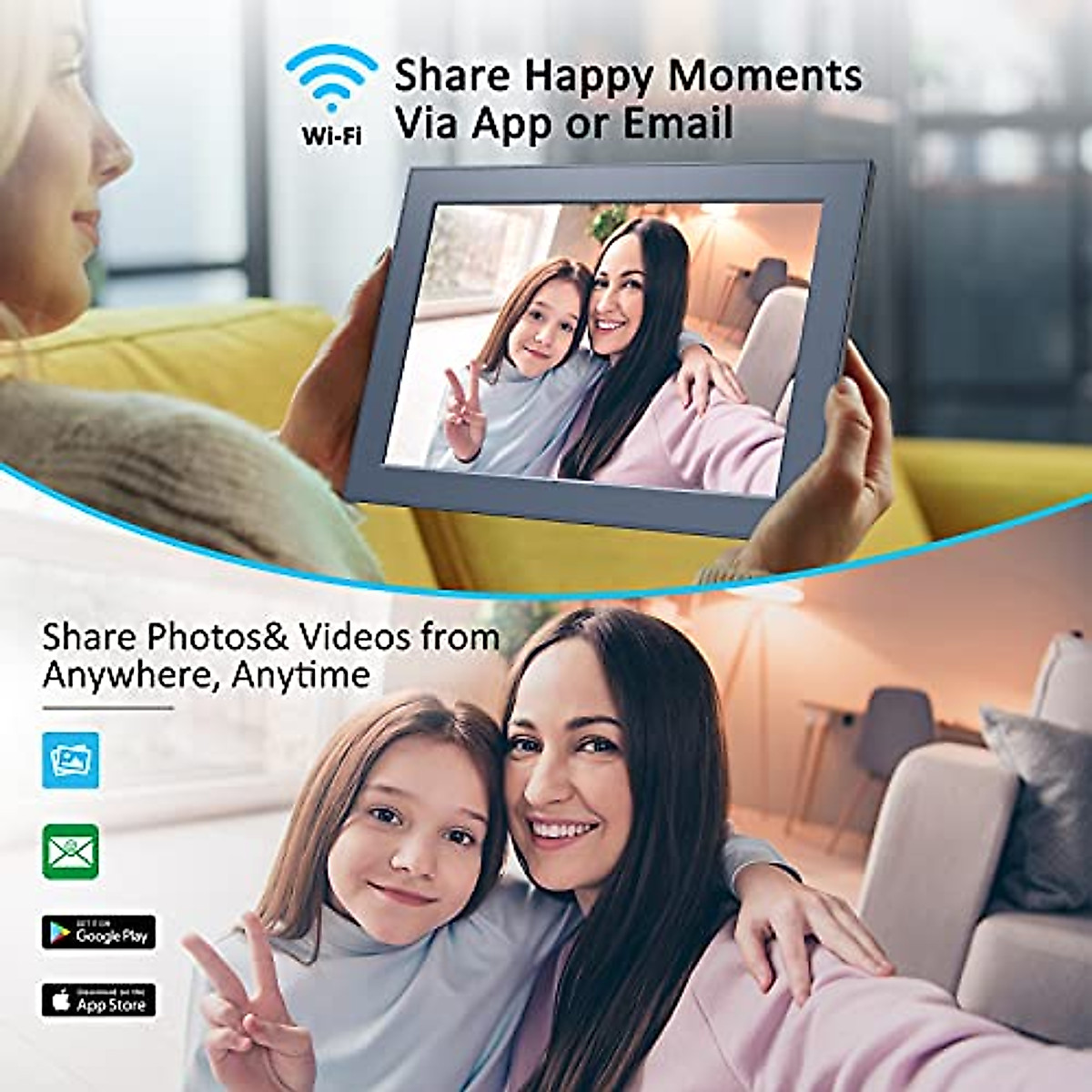 FULLJA 10 inch WIFI Digital Picture Frame Touch Screen IPS HD Display, Smart Digital Photo Frame, 16GB Storage, Auto-Rotate, Motion Sensor, Share Photos and Videos via iOS or Android App, Email, Cloud