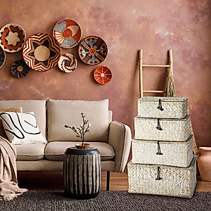 Woanger Set of 4 Seagrass Basket with Lids Rattan Wicker Storage Basket Handwoven Decorative Storage Boxes with Lids Multipurpose Woven Basket Bins for Shelf Closet (White)