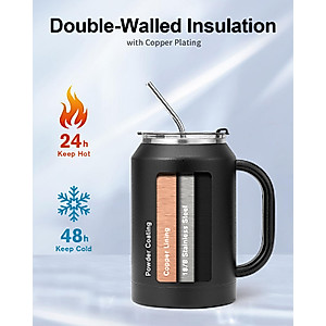 Trebo 50 oz Stainless Steel Mug Tumbler with Handle, Vacuum Insulated Large Iced Coffee Cup with Lids and Straws,Reusable Water Bottle Trave Flask Jug Keeps Drinks Cold up to 36 Hrs,Sweat Proof,Black