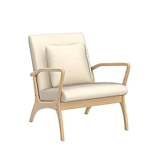 ELUCHANG Accent Chair with Lumbar Pillow,Mid-Century Modern Armchair, Linen Fabric Comfy Reading, Lounge Side Chair for Living Room Bedroom Apartment,Easy Assembly(Beige)