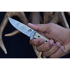 Knives Ranch Handmade Damascus Steel Knife Full Tang Quad Lanyard Hole Knife Cattle Bone Handle Heavy Duty 45 Degree Pancake Sheath Snug Fit (3112-B)