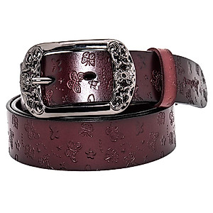 AmyKer Womens Leather Belts for Jeans Black Brown Yellow Red Cowgirl Embossed Belt and Buckle Elegant Gift Box Brown 45 inch (115cm)