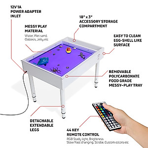 Water Sensory Light Play Activity Box Table for Children Removable Legs Montessori Waldorf Reggio Toys Sand Messy Play Homeschooling Pre-K Toddler Teen 3 4 5 to 9 Years (Eggshell white)