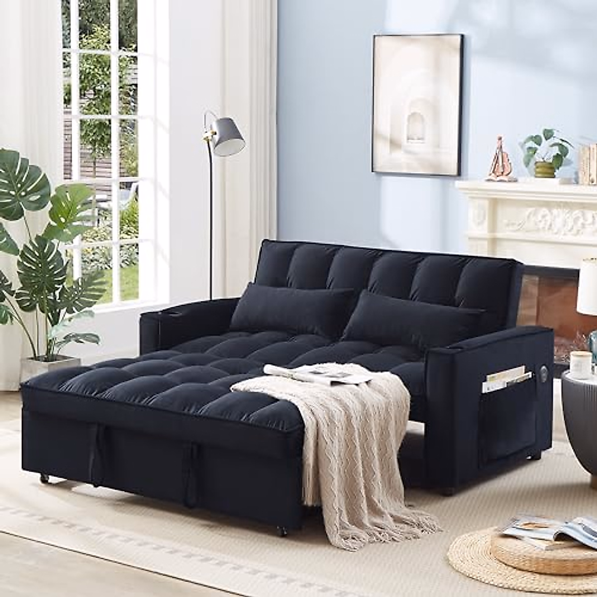 3 in 1 Loveseat Sofa W/Pull Out Sleeper Couch Bed, 2 Seater Sofa & Couch Tufted Upholstered Adjustable Backrest Futon Convertible Sleep Daybed for Living Room