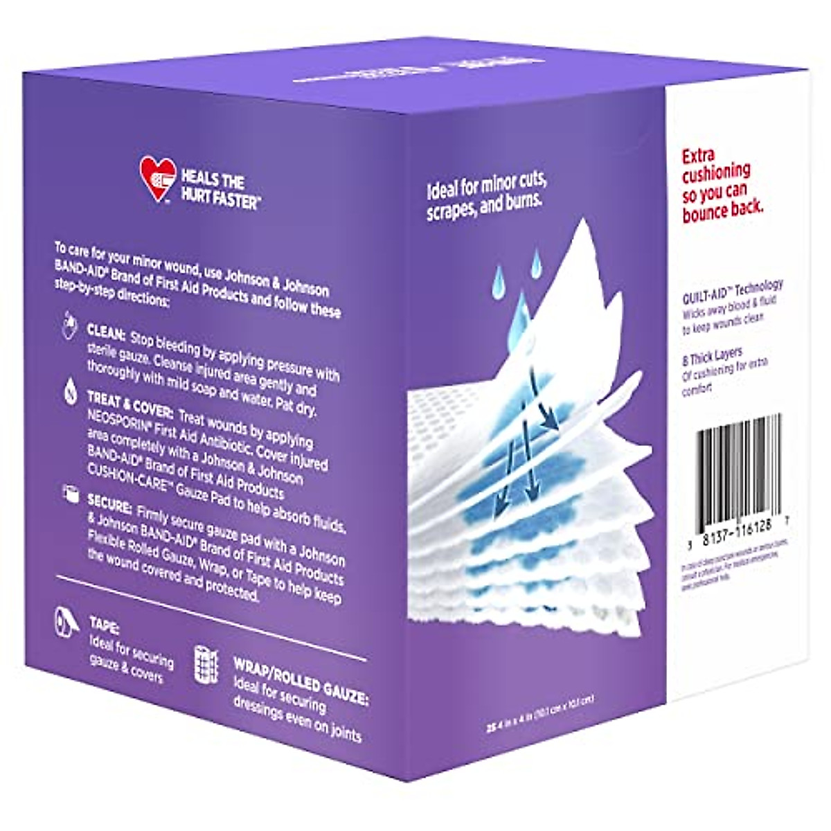 Band-Aid Brand Absorbent Cushion Care Sterile Square Gauze Pads for First Aid Protection of Minor Cuts, Scrapes & Burns, Non-Adhesive, Wound Care Dressing Pads, Large, 4 in x 4 in, 25 ct