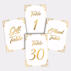 Gold Wedding Table Numbers 1-30 - Double Sided Gold Foil Table Number Cards 4x6 Inch with Head & Gift Table - Restaurant Table Numbers - Gold Table Numbers for Wedding Reception Table Signs