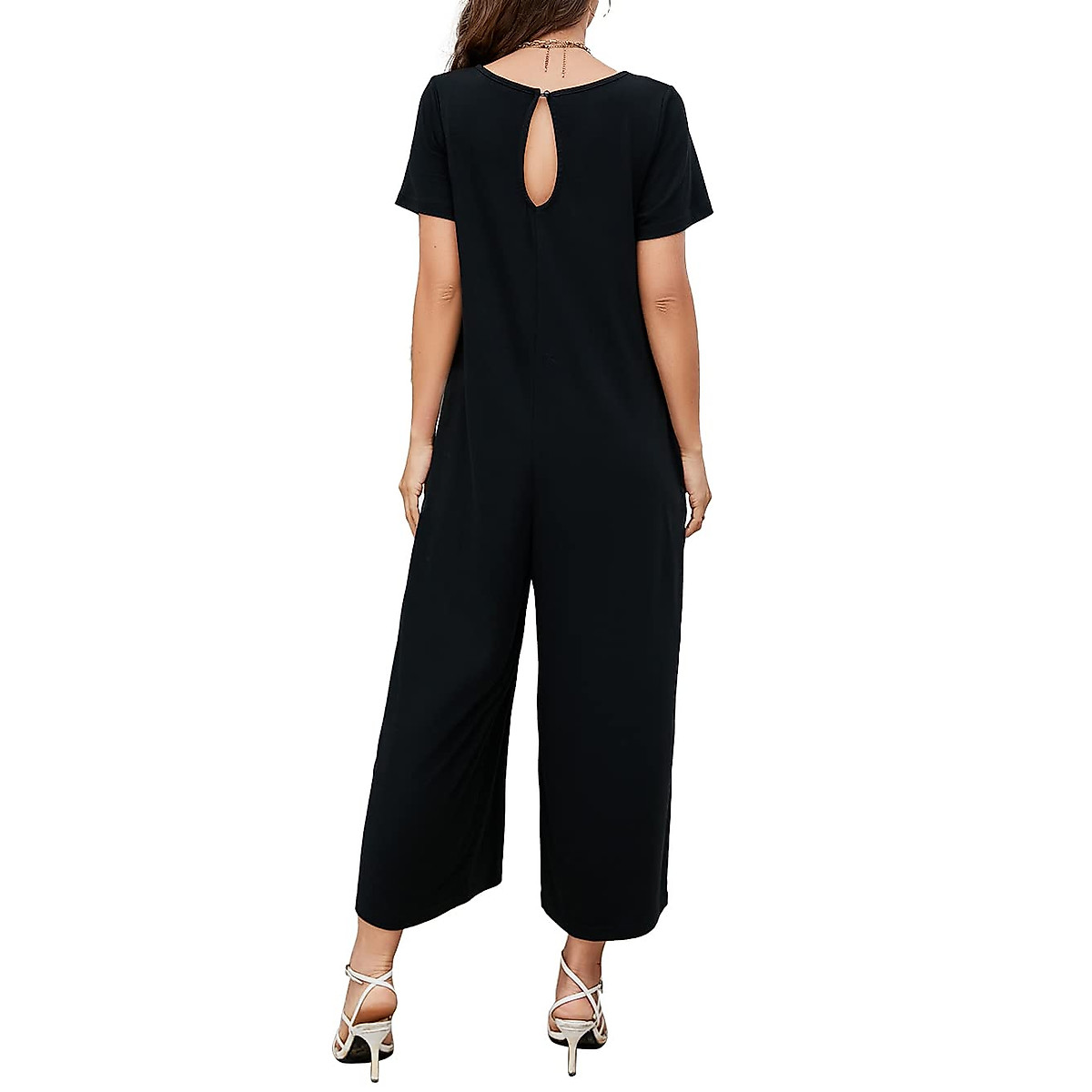 Qnasey Women's Summer Short Sleeve Loose Crewneck Jumpsuit Rompers Wide Long Pant Loungewear with Pockets Samll Black