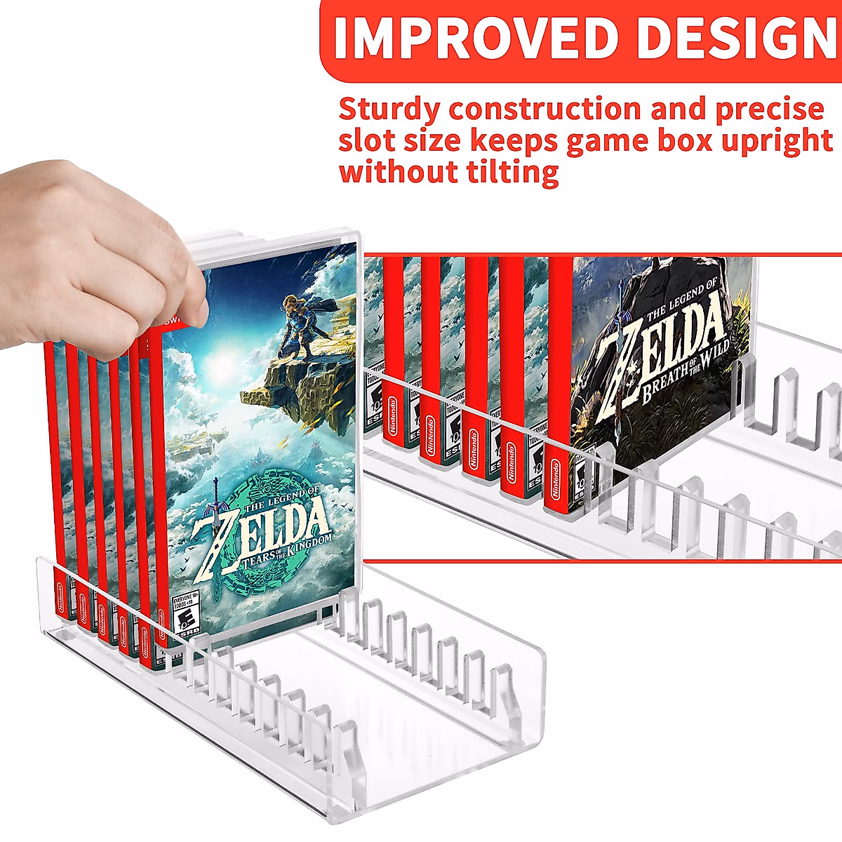 CaSZLUTION Acrylic Game Storage Organizer Stand Compatible with Nintendo Switch Game Card Case, Upgraded Switch Game Display Holder Fits up to 12 Games Box - Clear