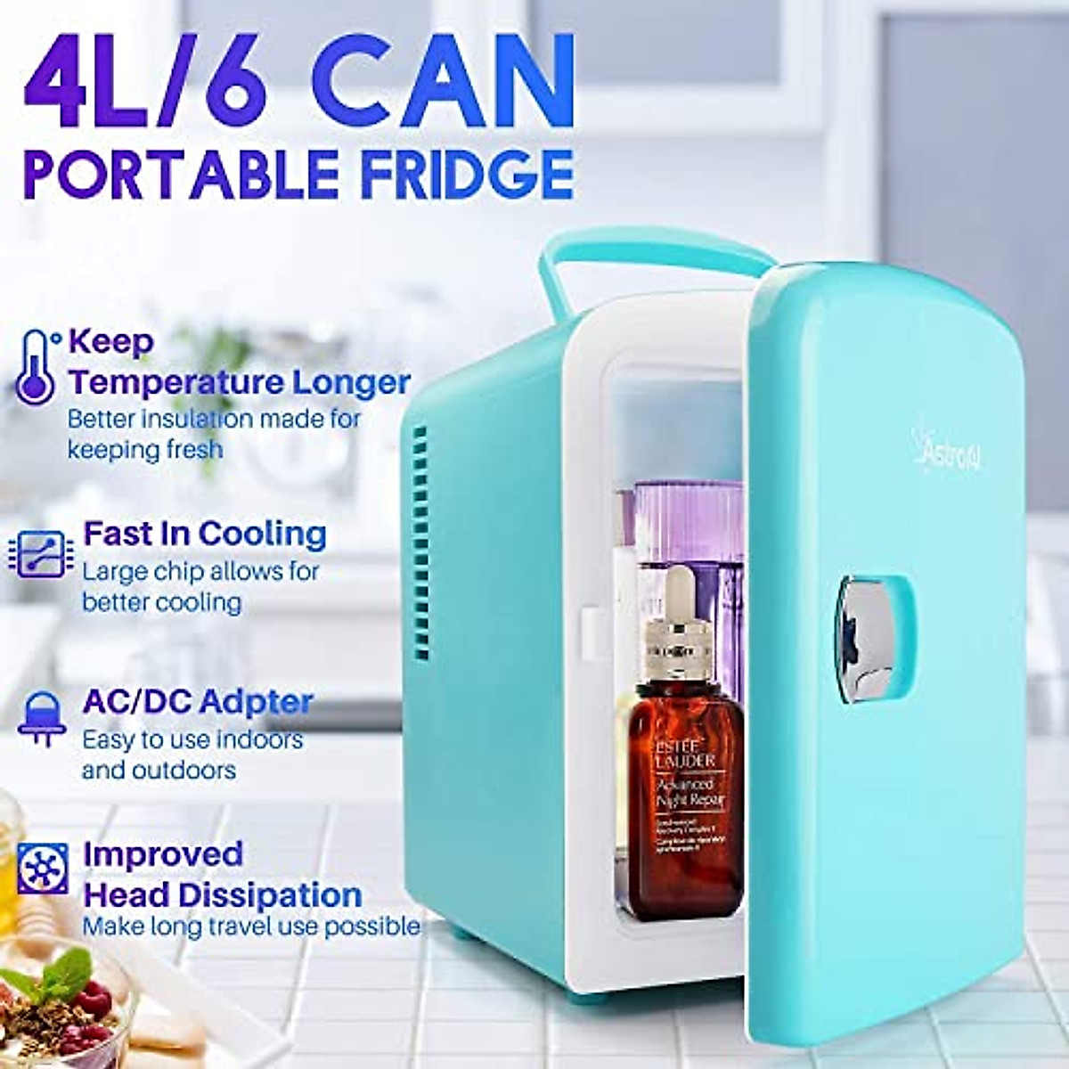 AstroAI Mini Fridge 4 Liter/6 Can AC/DC Teal Cigarette Lighter Extension Cord 12Ft/12V/120W/15A Bundle
