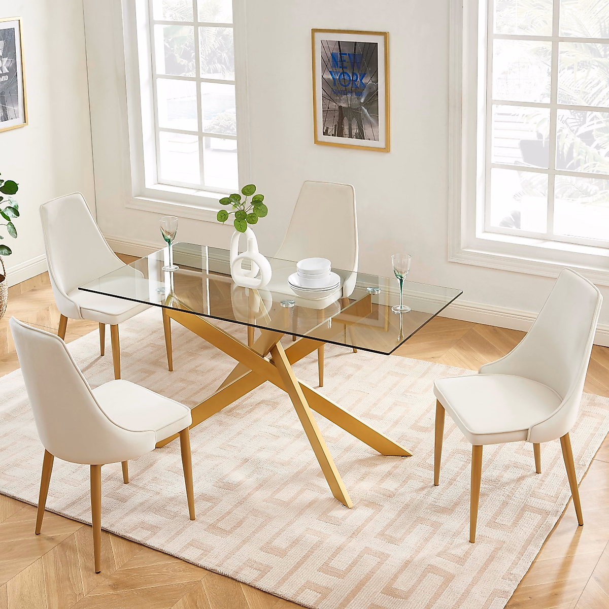 Edwin's Choice 58.5” Rectangle Glass Dining Table, Tempered Glass Table Top and Metal Tubular Legs, Modern Style Table for Home, Kitchen, Dining Room 58.5”Lx29”Wx30”H, Gold (Table Only)