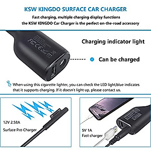Surface Pro Car Charger Surface Laptop Car Charger, 36W 12V 2.58A Power Supply for Microsoft Surface Pro 3/4/5/6/Book/Go, Surface Laptop car Charger with USB 2.0 Port (5Ft Cord) Include Travel Case