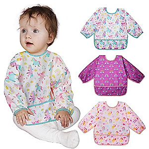 Lictin 3 Pack Baby Bibs for Boy or Girl, Cute Long Sleeve Bib, Waterproof Bibs for Toddlers,Adjustable Closure Baby Smock, Mess Proof Baby Bib, 6-24 Months Reusable Infant Baby Bibs