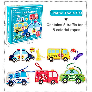 Promise Babe 5 Pack Lacing Cards Wooden Cars Block Puzzle Threading Toys Montessori Toy Sewing Cards for Toddler Educational Preschool Toys…