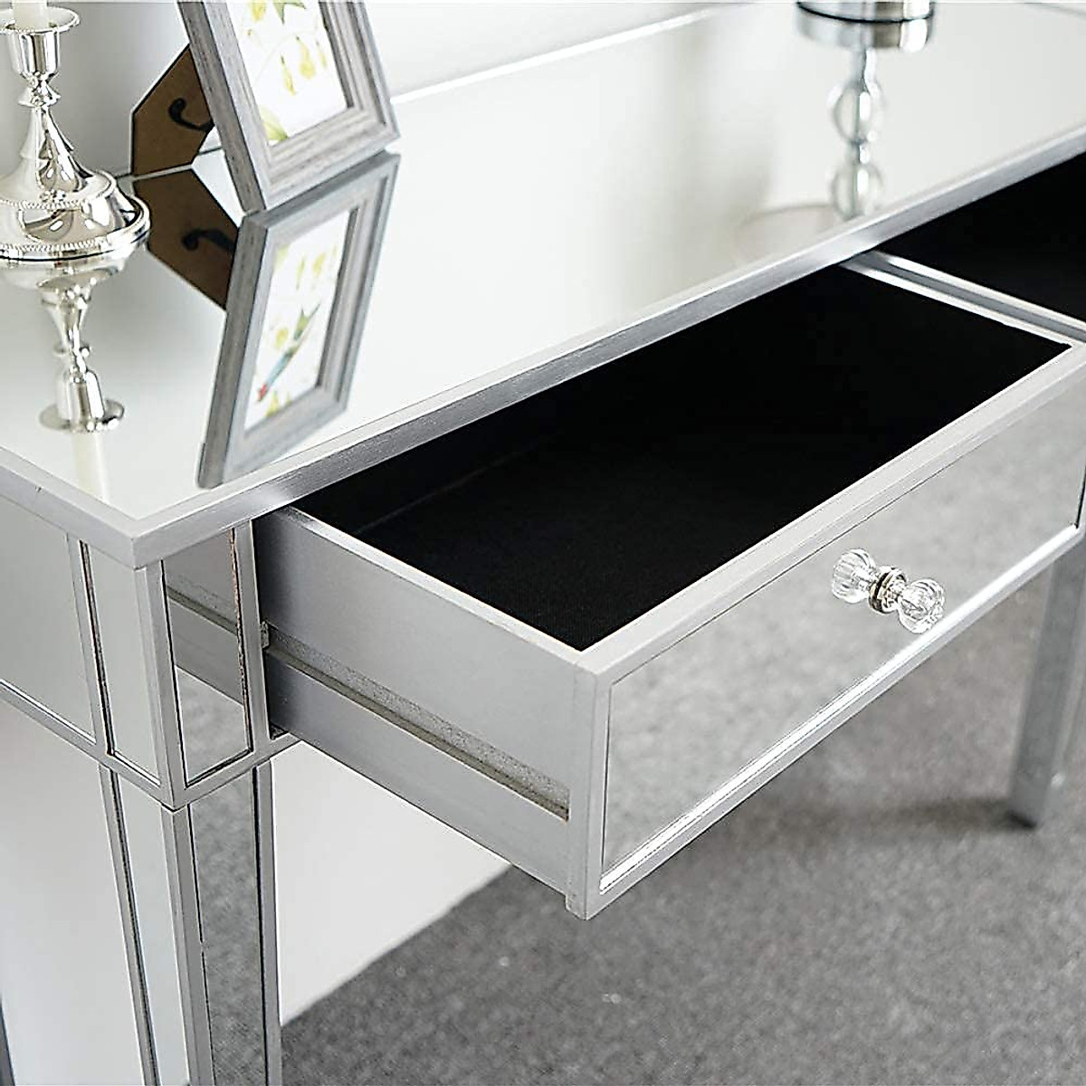 Mirrored Console Table with 2 Drawer, Silver Mirrored Makeup Dressing Table Vanity Desk, Modern Writing Desk Media Table for Bedroom Entryway Home Office