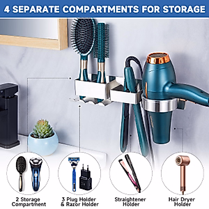 Hair Dryer Holder Wall Mounted, Hair Tool Organizer, Stainless Steel Blow Dryer Holder for Bathroom, Adhesive Hair Straightener Holder Curling Iron Holder with Plug Hook & Storage Compartment