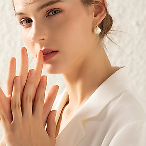 OwMell Elegant 925 Sterling Silver Pearl Drop Earrings Dangle Stud Gold Plated Earrings for Women Large Size 12mm - Gold