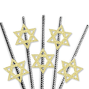 Gold Glitter Star of David Party Straws - No-Mess Real Gold Glitter Cut-Outs & Decorative Hanukkah Paper Straws - Set of 24