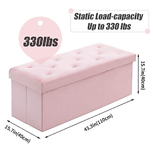 BRIAN & DANY 43 Inches Folding Storage Ottoman Bench, Velvet Ottoman with Storage for Living Room, Long Shoes Bench,Flannelette Footrest Benches Seat (Pink)