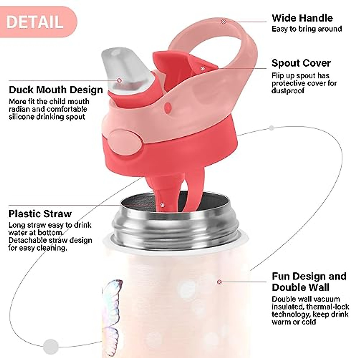 Kigai Flowers Butterfly Pink Kids Water Bottle, Insulated Stainless Steel Water Bottles with Straw Lid, 12 oz BPA-Free Leakproof Duck Mouth Thermos for Boys Girls