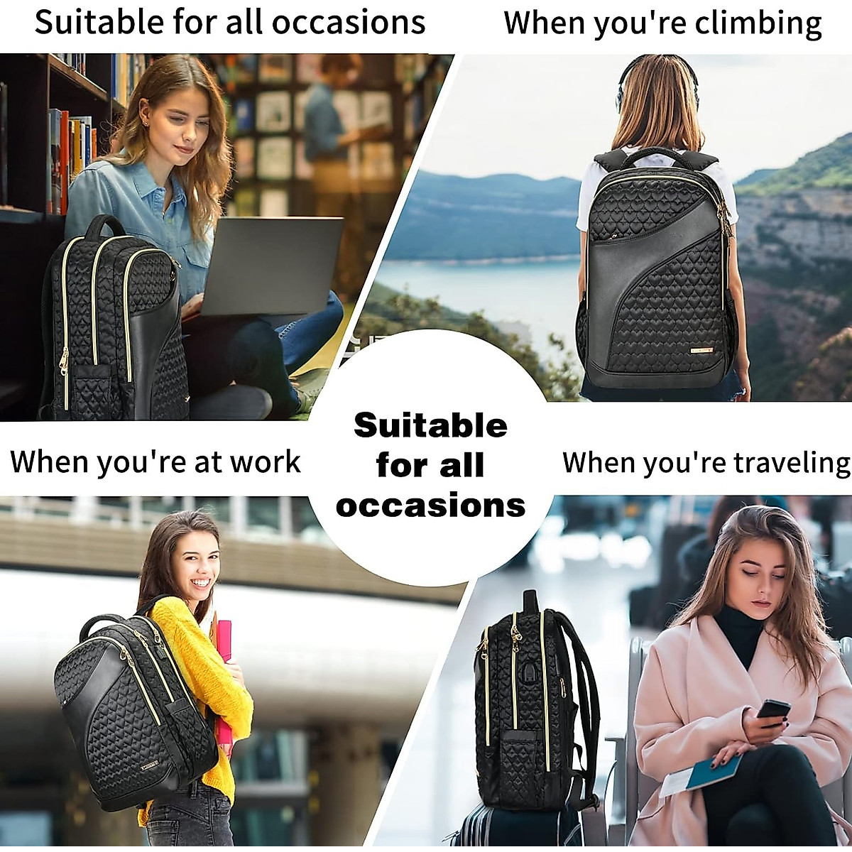 Laptop Backpack for Women, 17.3 Inch Girls College Students Backpack with USB Charging Port, Multi-layer Commuting Daypack Waterproof Rucksack for Staff Working/Teachers/Business (with Toiletry Bag)