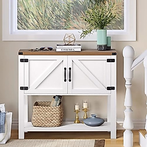 4ever2buy Farmhouse Coffee Bar Cabinet with Barn Doors, White Coffee Bar Stand with Storage, 36 inch Coffee and Tea Bar with Bottom Shelf for Living Dining Room