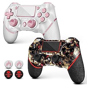 AceGamer 2 Pack Wireless Controller for PS4, Thumb Caps Included! (Gold-Skull and Pink-White)