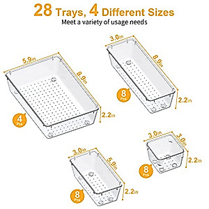 SMARTAKE 28-Piece Drawer Organizers with Non-Slip Silicone Pads, 4-Size Desk Drawer Organizer Trays Storage Tray for Makeup, Jewelries, Utensils in Bedroom Dresser, Office and Kitchen, Clear