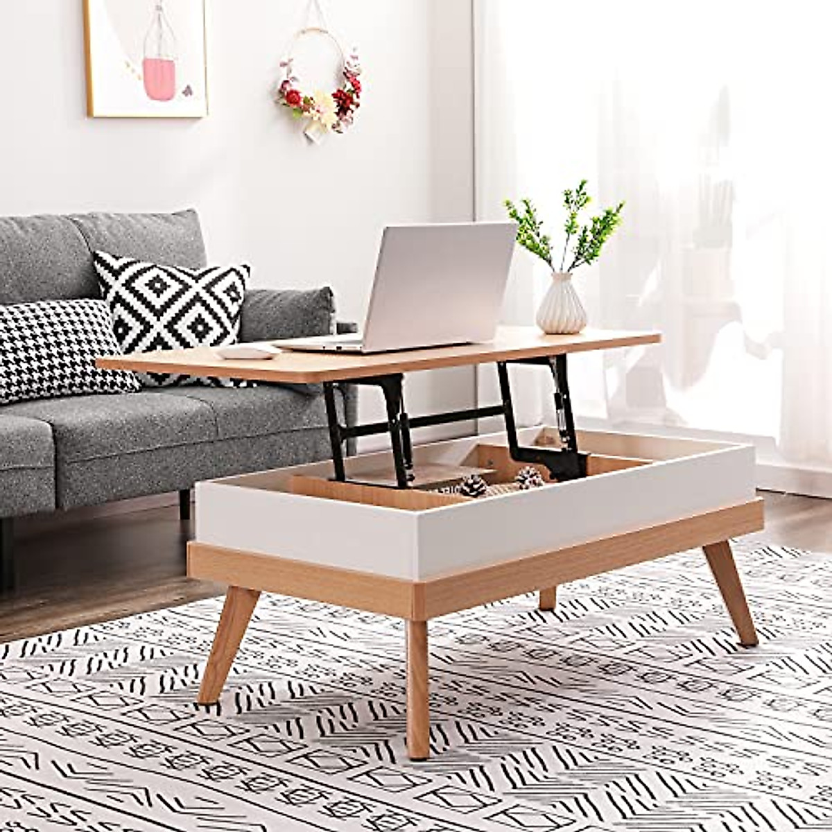 Bidiso Lift Top Coffee Center Table with Hidden Storage Compartment, Easy-to-Assembly , Dining Table for Living Room Reception/Home Office, Oak