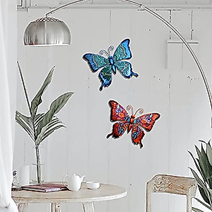 HONGLAND Metal Butterfly Wall Decor Indoor Outdoor Wall Art Metal Glass Butterfly Sculptures 2 Pack for Home Garden Fence Patio