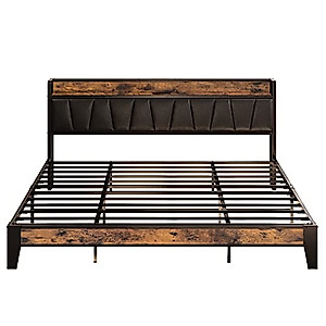 LIKIMIO King Bed Frame, Storage Headboard with Charging Station, Solid and Stable, Noise Free, No Box Spring Needed, Easy Assembly (Vintage and Black)